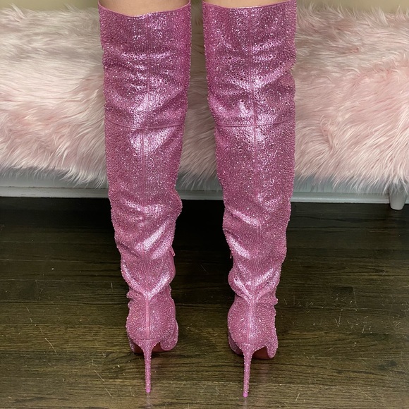 Steve Madden | Shoes | Rhinestone Embellished Striking Pink Tall Boots ...